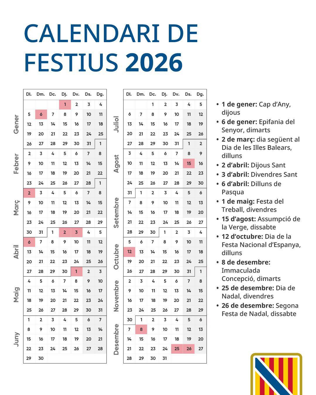 Calendari de festius 2026 a les Illes Balears | Ajuntament de Selva
